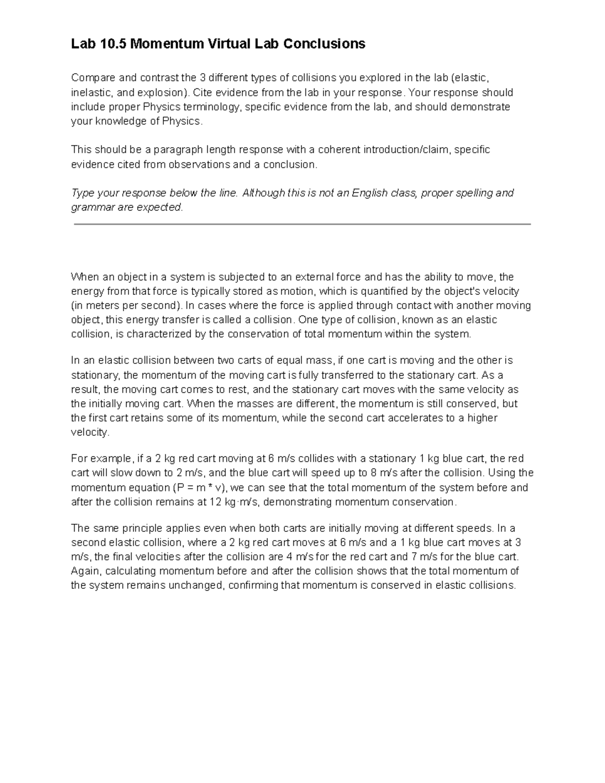 Lab 10.5 Momentum Virtual Lab Conclusions - Lab 10 Momentum Virtual Lab ...