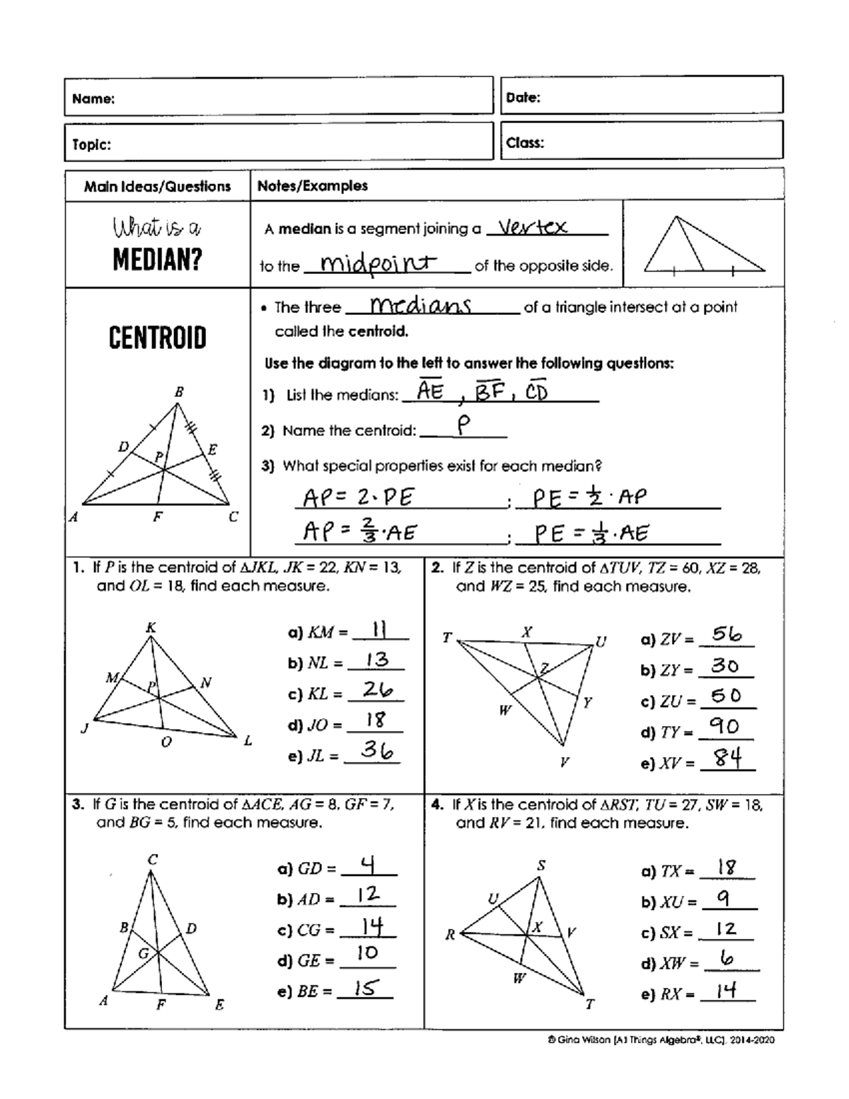 Completed Notes - HW 5-4: Medians & Centroids in Triangles - Studocu