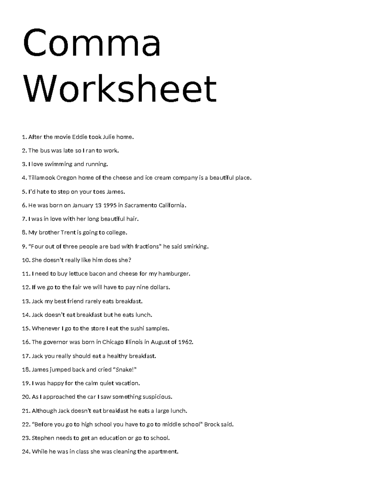 Comma Worksheet 1: Practice and Answer Key - Studocu
