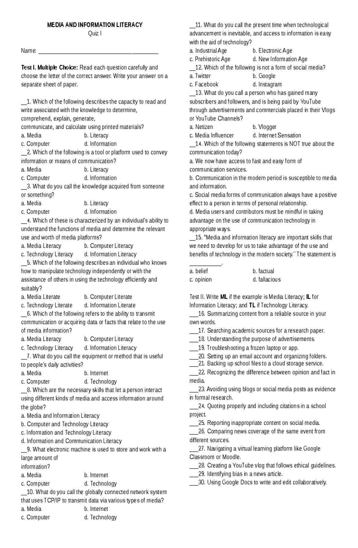 Quiz I - Examination in MEDIA AND INFORMATION LITERACY - Studocu