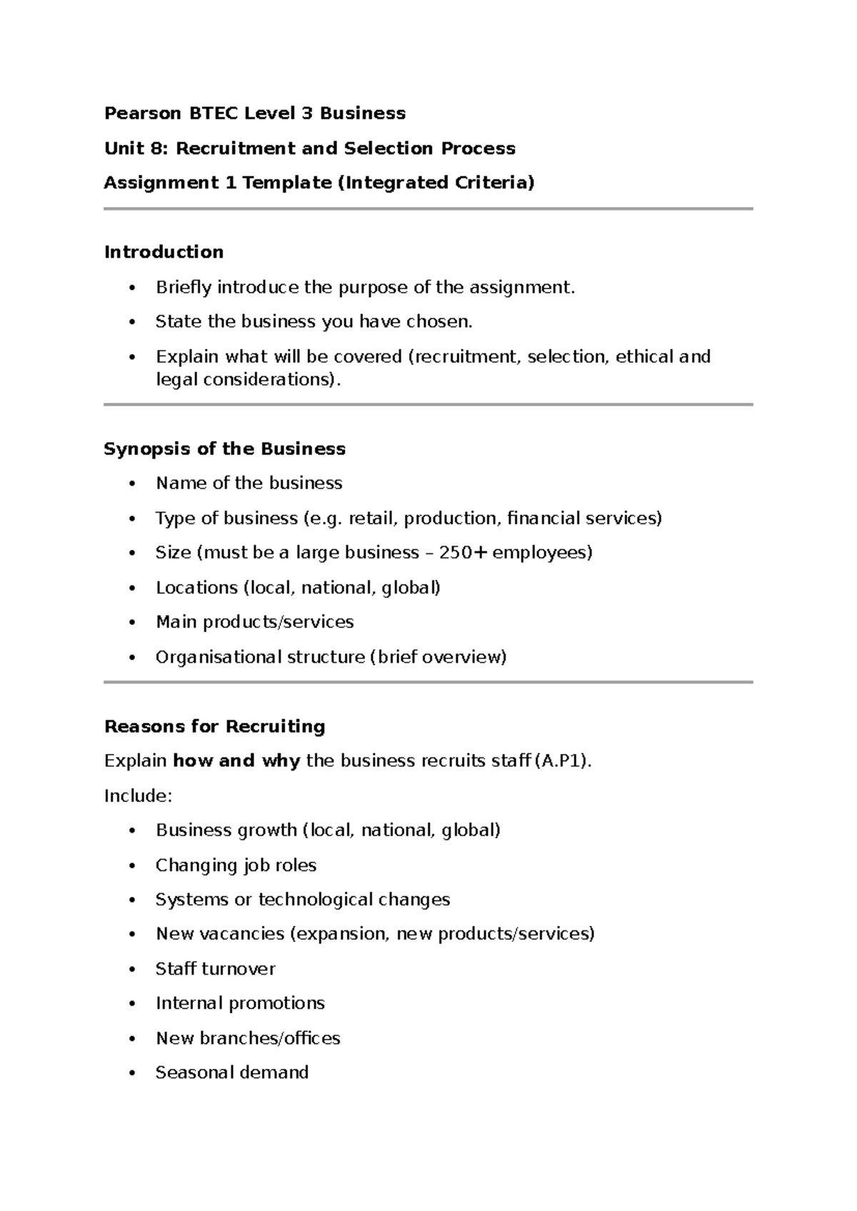 BTEC Level 3 Business Unit 8: Recruitment & Selection Process ...