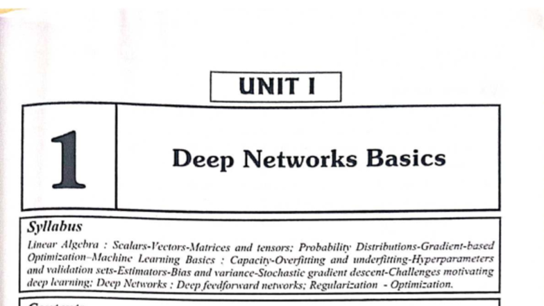 AD3501 Deep Learning: Unit I Syllabus on Deep Networks Basics - Studocu
