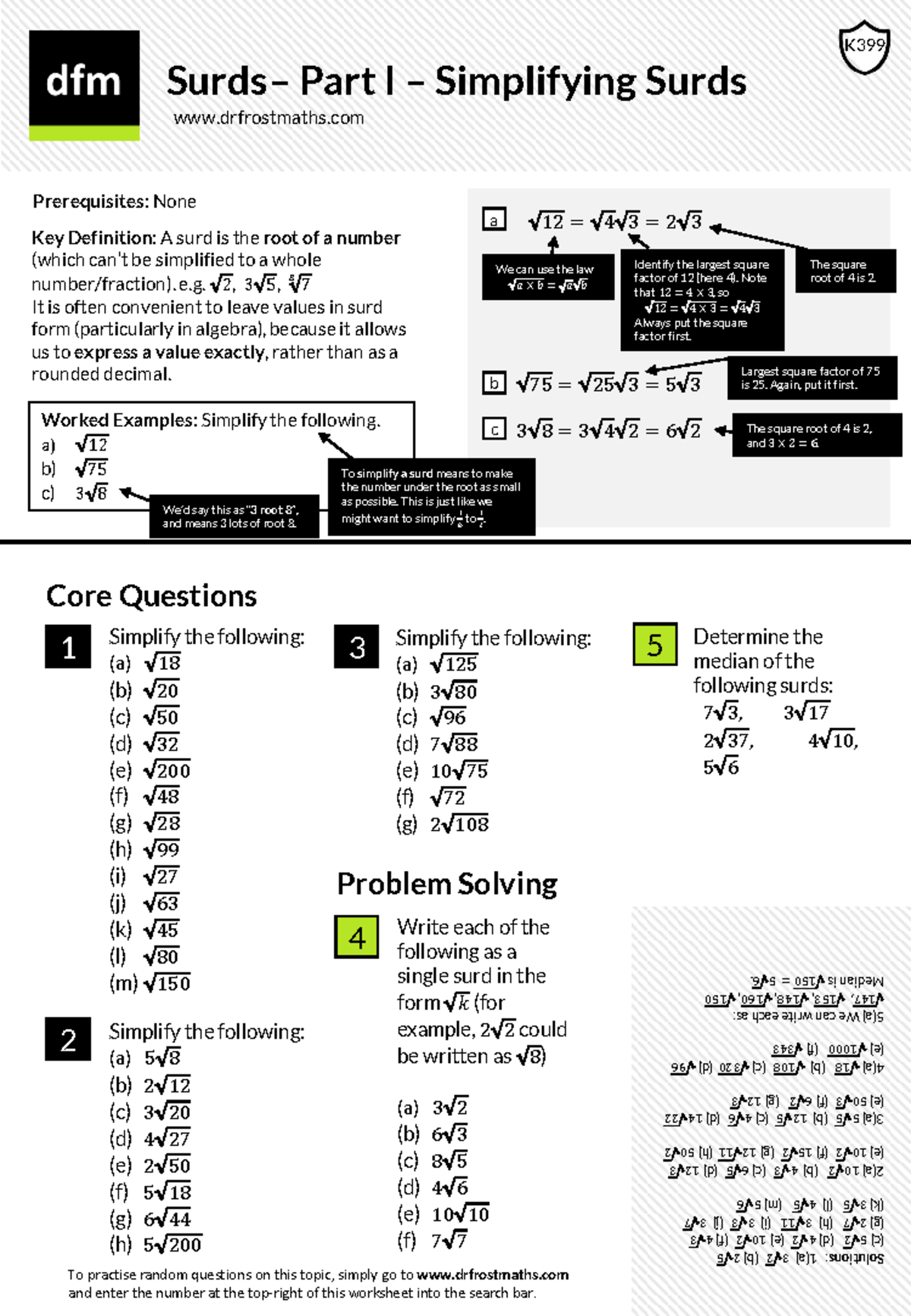 Simplifying Surds: Key Concepts and Practice Questions K399 - Studocu