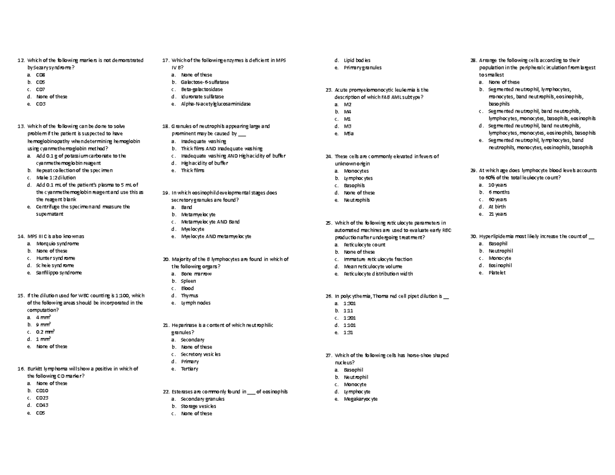 HEMA 3 Practice Questions: Hematology Concepts and Disorders - Studocu