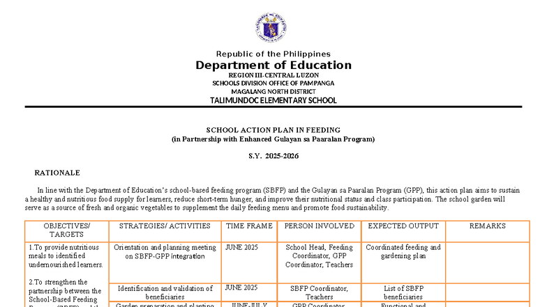 School Action Plan in Feeding (GPP) for S.Y. 2025 - Studocu