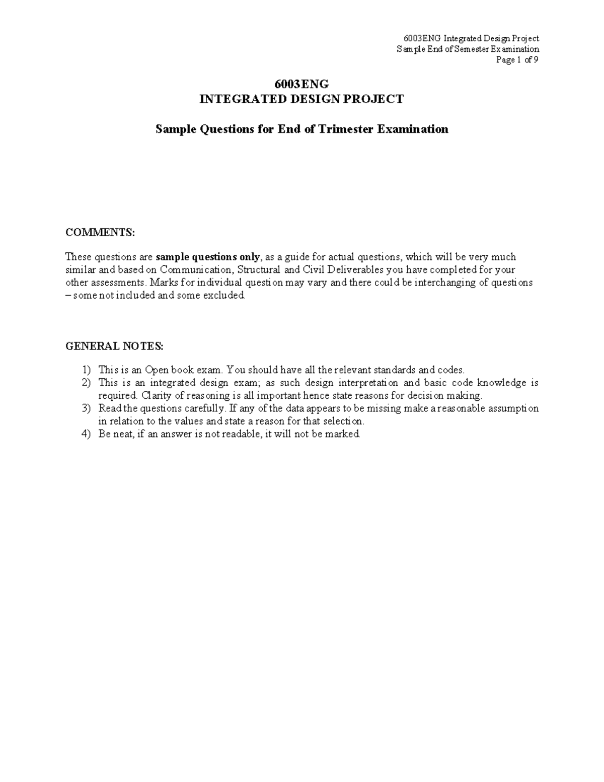 6003ENG Sample Final Exam Questions - 4003ENG - Griffith - Studocu