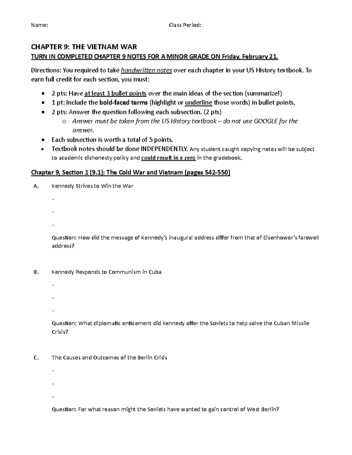Ch 9 Vietnam War Textbook Notes - CHAPTER 9 : THE VIETNAM WAR TURN IN ...