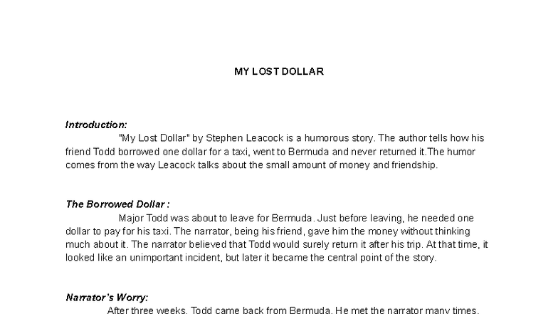 ENG 101: Essay Notes on "My Lost Dollar" by Stephen Leacock - Studocu