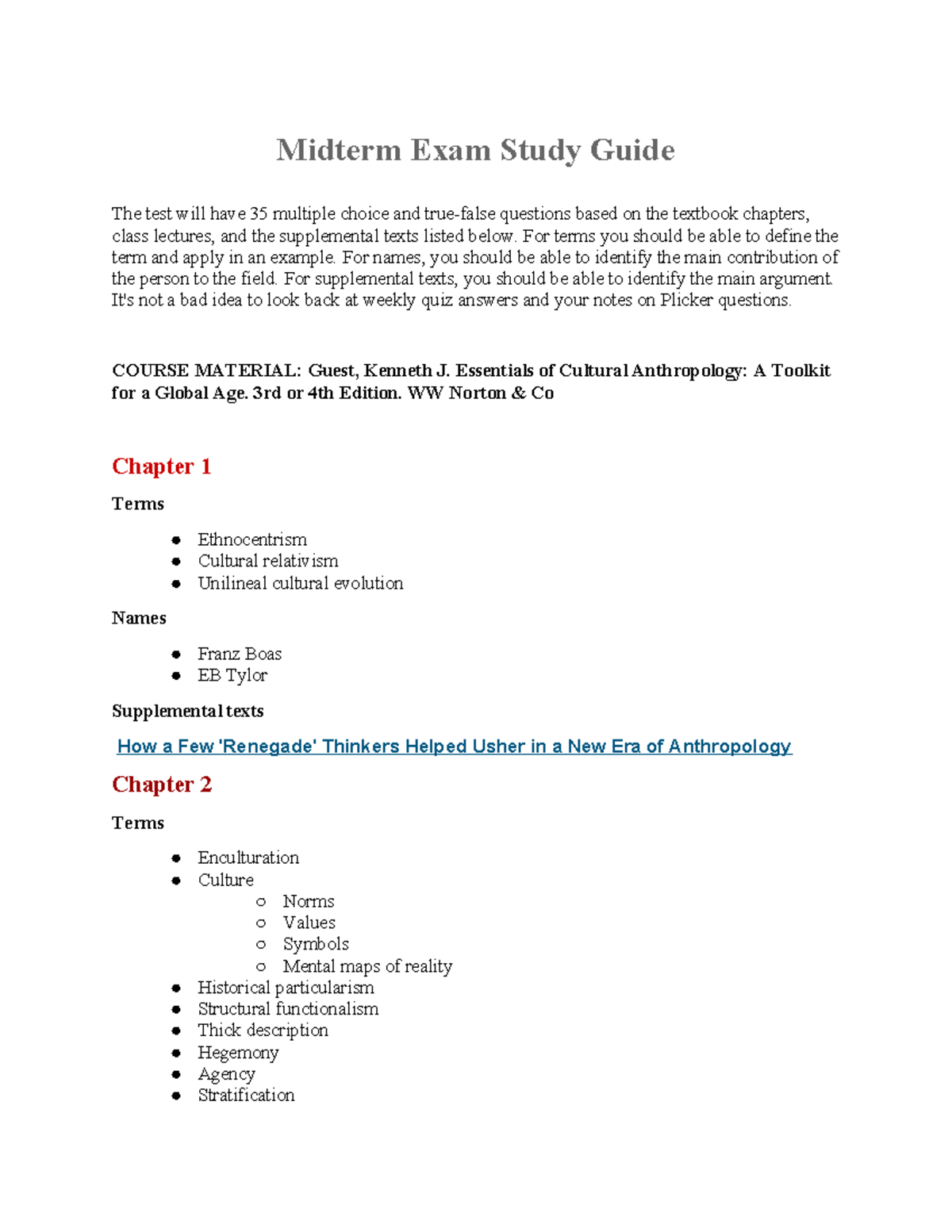 Midterm Exam Study Guide for Cultural Anthropology (ANTH 101) - Studocu