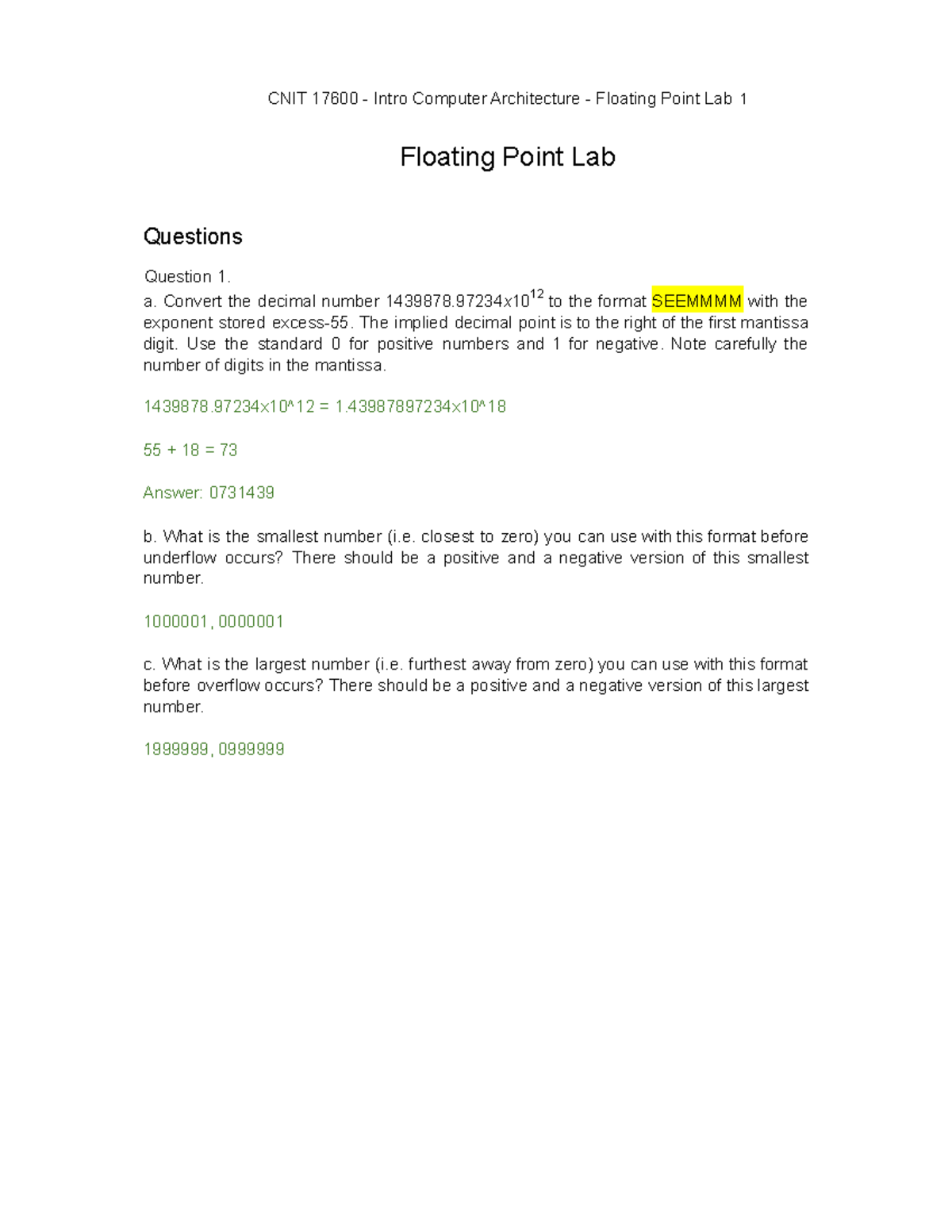 7 Floating Point-3-2 - CNIT 17600 - Intro Computer Architecture - Floating Point Lab 1 Floating ...