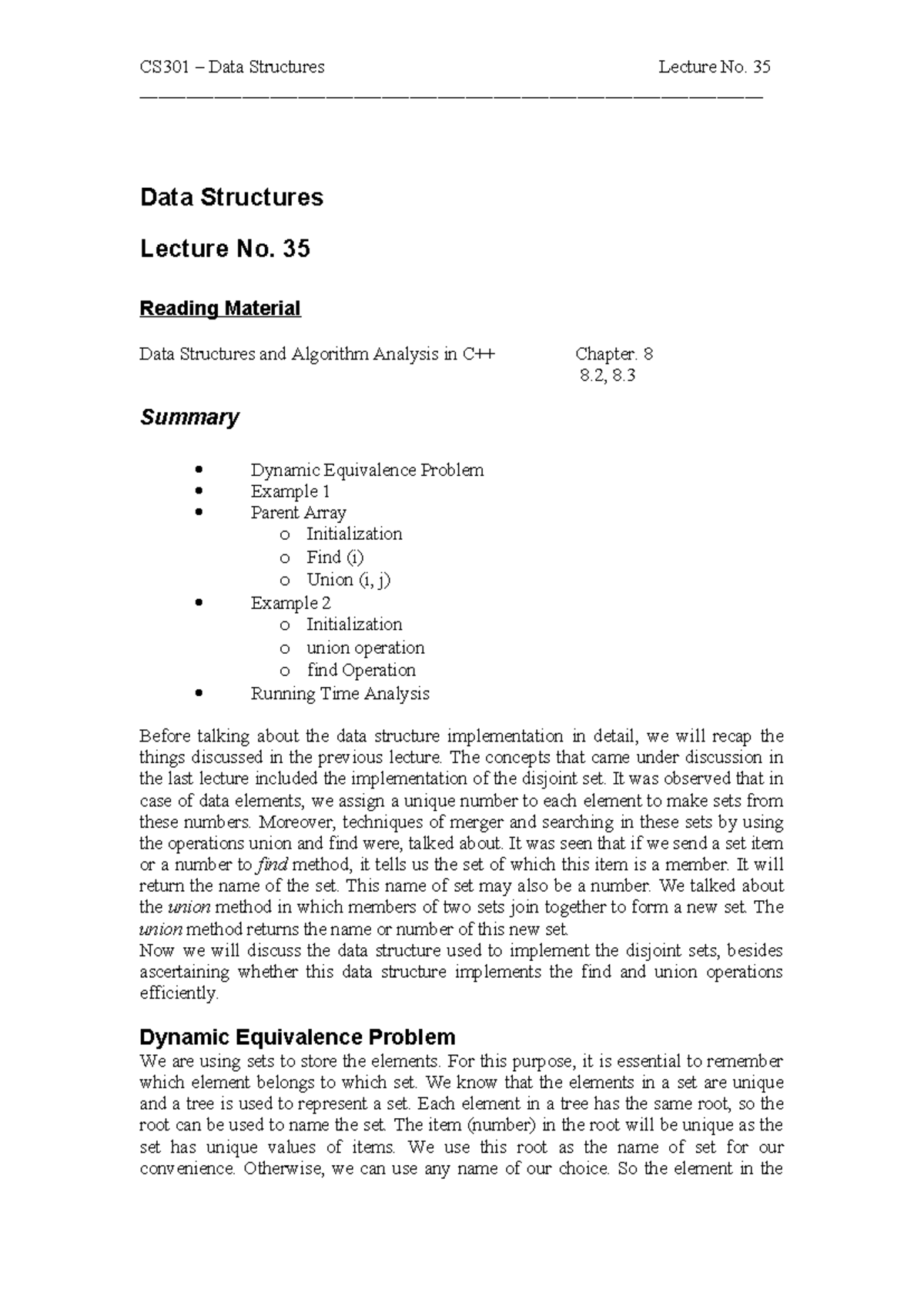 CS301 Data Structures Lecture 35: Dynamic Equivalence & Union-Find Operations - Studocu
