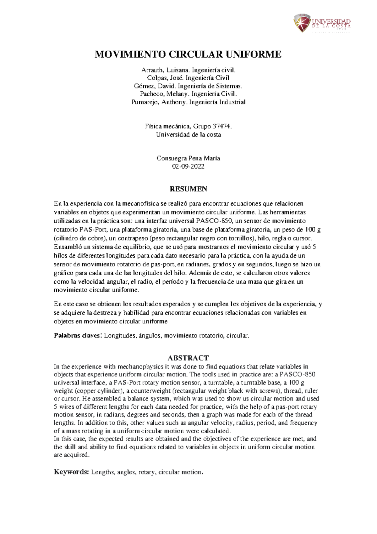 Movimiento Circular Uniforme - MOVIMIENTO CIRCULAR UNIFORME Arrauth ...