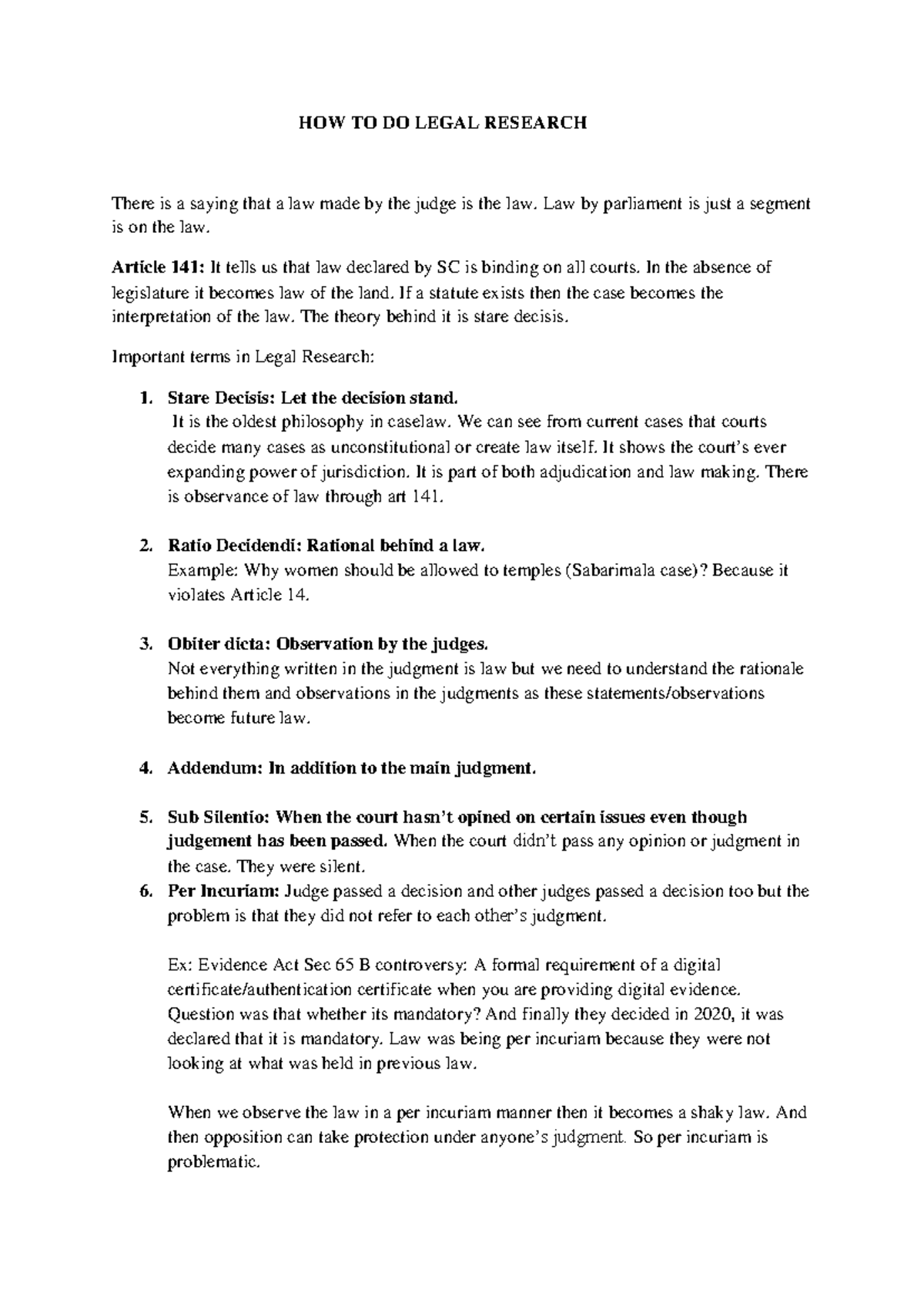 Legal Research Notes: Key Concepts and Principles - Studocu