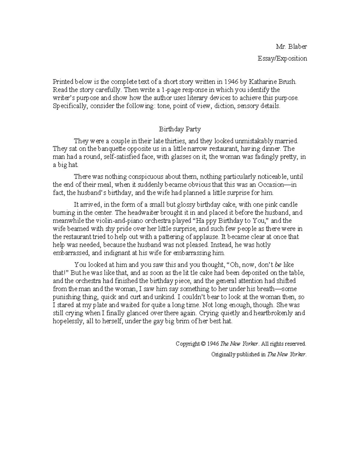 Katherine Brush's "The Birthday Party" Analysis and Response - Studocu