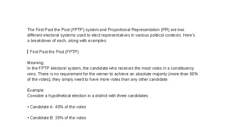 Electoral Democracy: FPTP vs. PR Systems Explained - Studocu