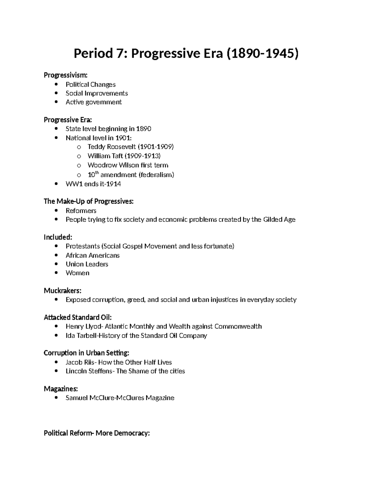 Progressive Era & WW1 Overview: Key Events and Reforms (Hist 101) - Studocu