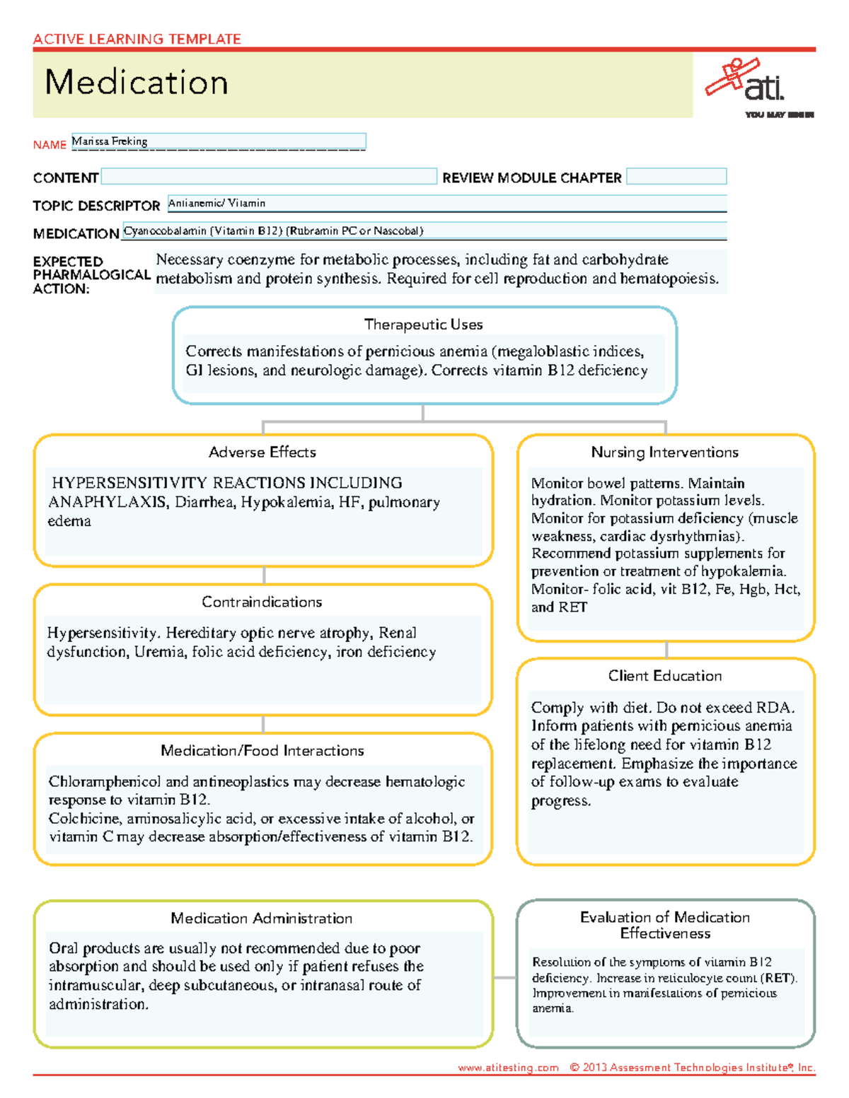 ATI Medication Template - Cyanocobalamin (Vitamin B12) Overview - Studocu