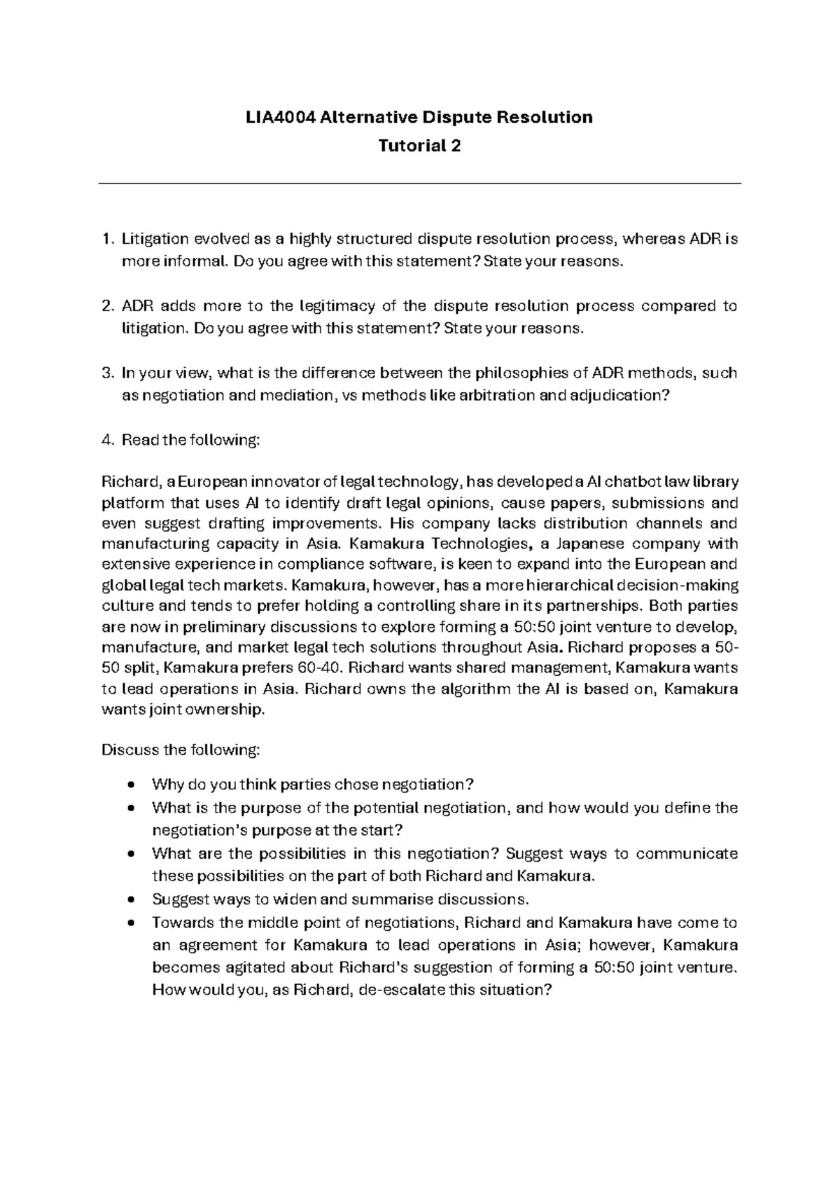 ADR Tutorial 2 LIA4004: Exploring Negotiation in Dispute Resolution ...