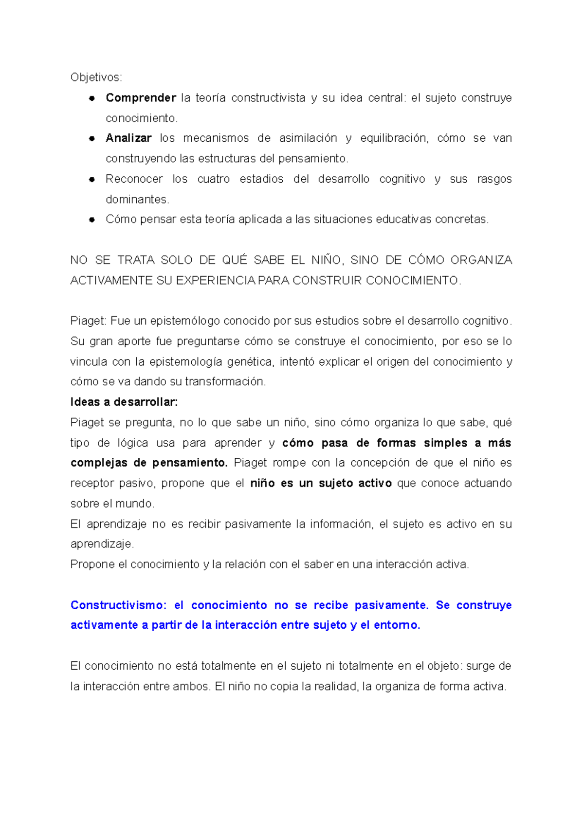 Clase de Piaget: Teoría Constructivista y Desarrollo Cognitivo - Studocu