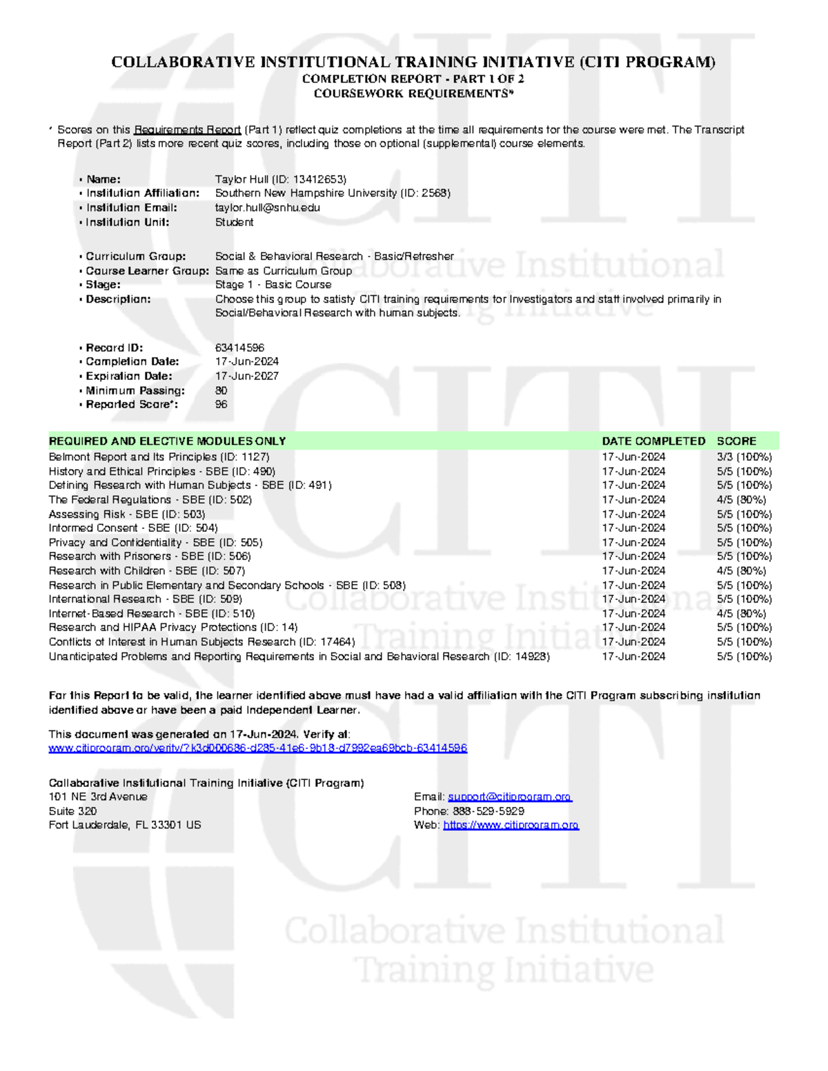 CITI Program Completion Report - Taylor Hull (ID: 13412653) - Studocu