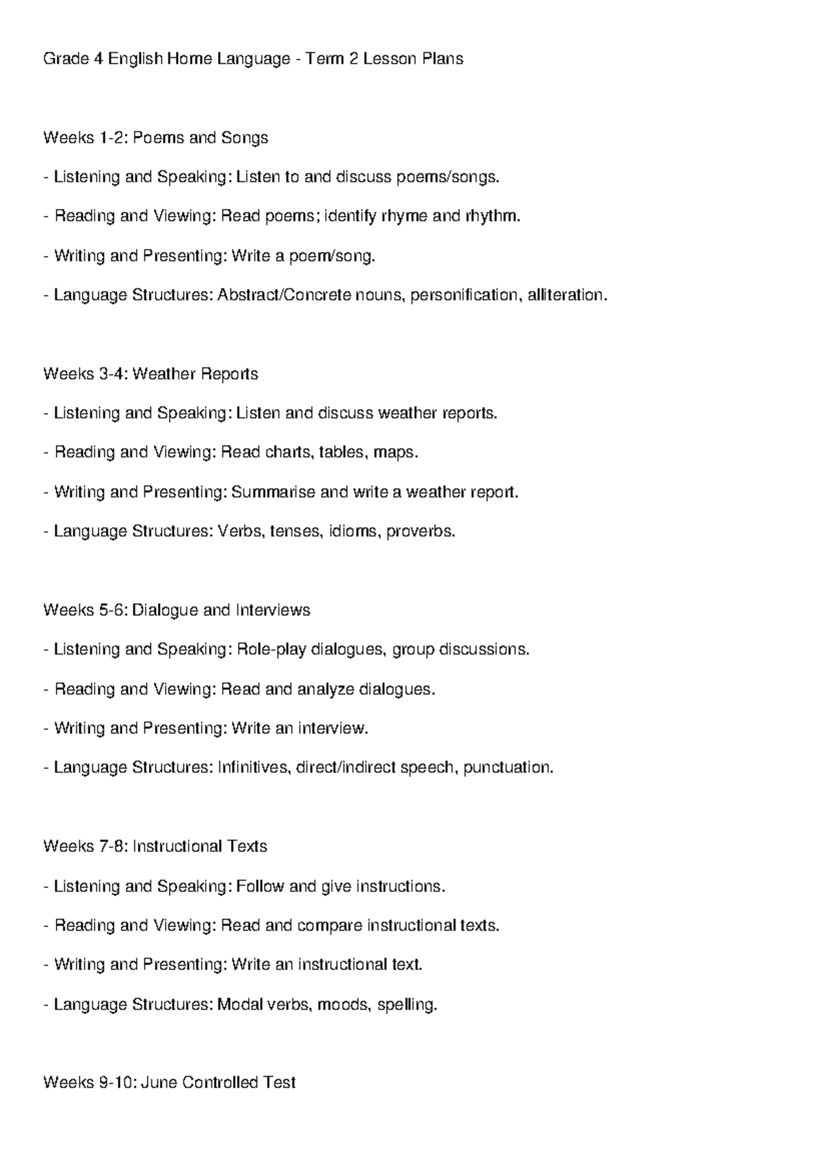 Grade 4-6 English HL Term 2 Lesson Plans Overview - Studocu