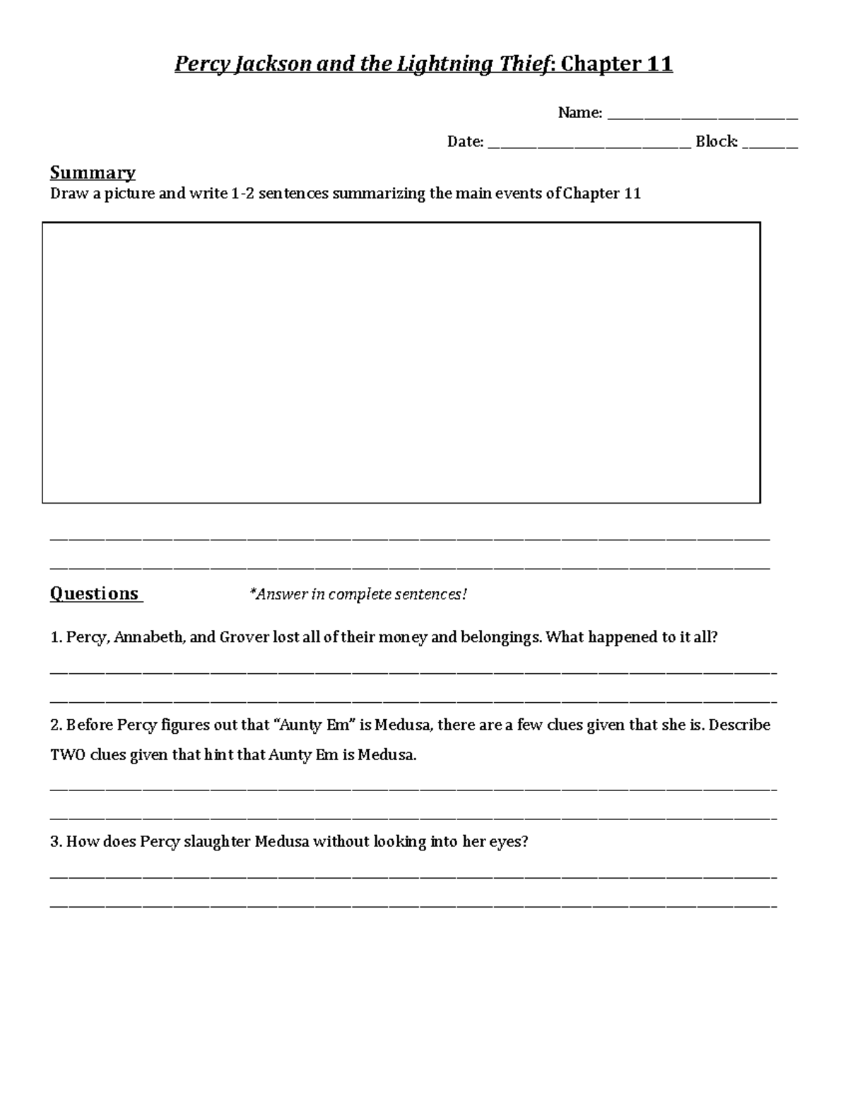 Percy jackson chapter 11 and 12 summary ws - Percy Jackson and the ...