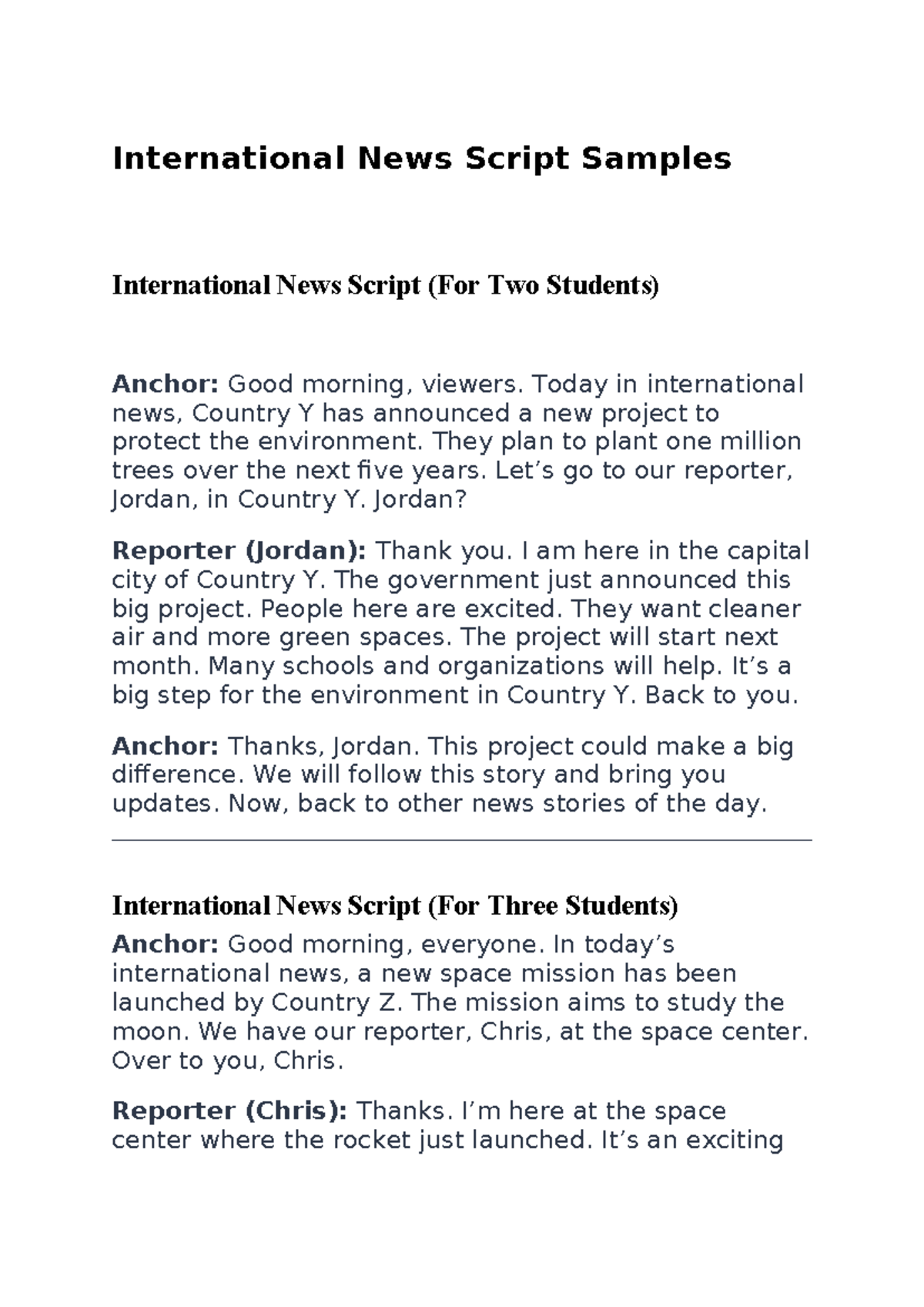 INTL News Script Samples for Students: Environmental & Space Missions ...