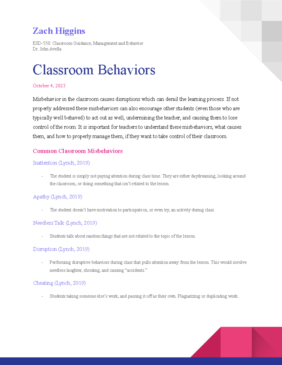 Zach Higgins, Classroom Behaviors Brochure - Zach Higgins ESD-550 ...