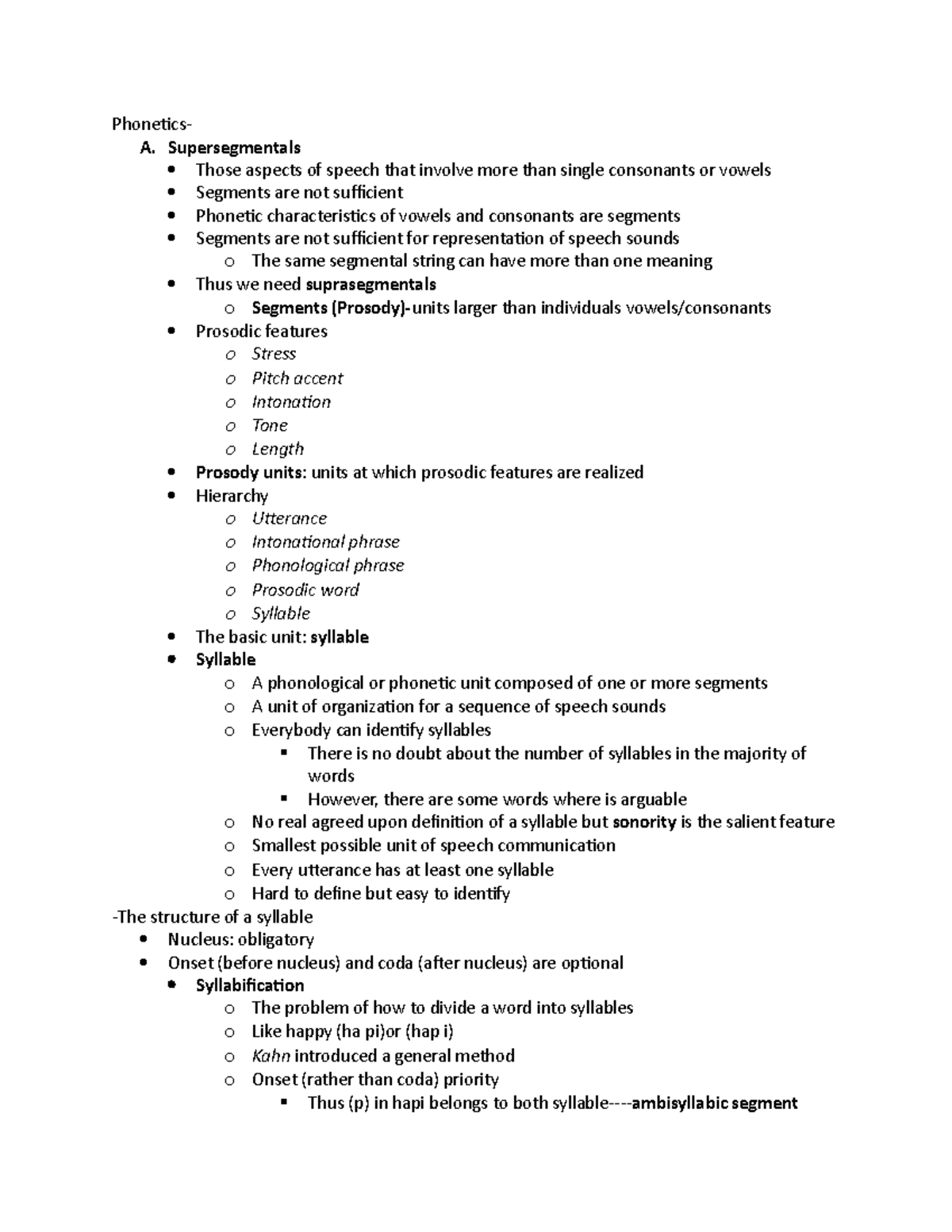 Phonetics-final study guide - PhoneticsA. Supersegmentals Those aspects ...