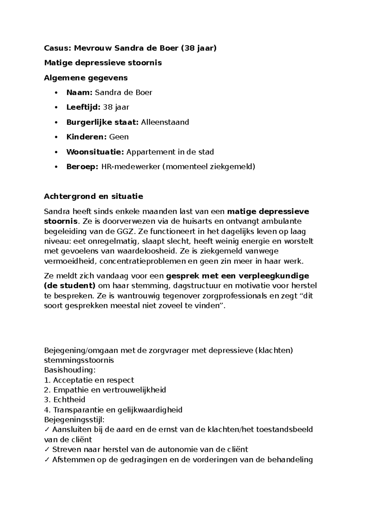 Voorbereiding Gesprek met Mevrouw Sandra de Boer (38) - Depressieve Stoornis - Studeersnel