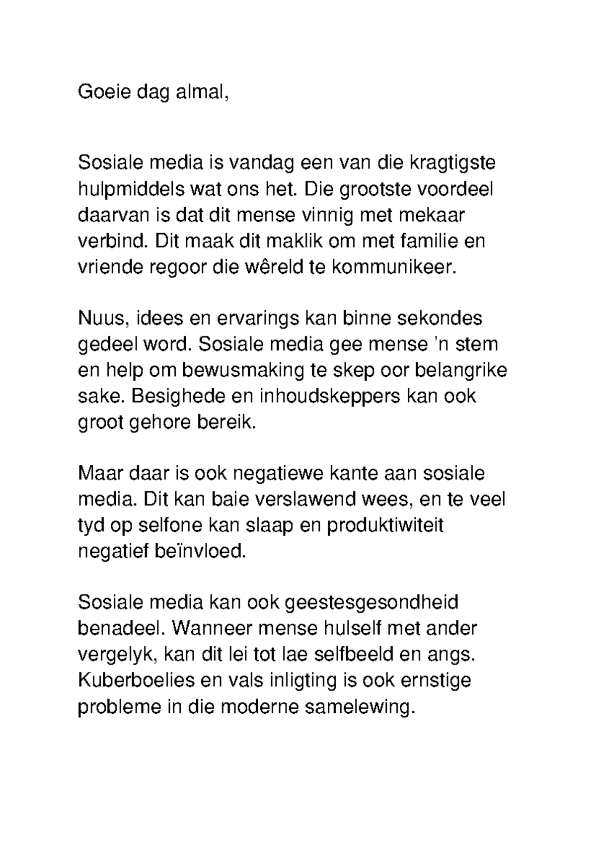 Sosiale Media Toespraak: Voordele en Nadele van Sosiale Platforms - Studocu