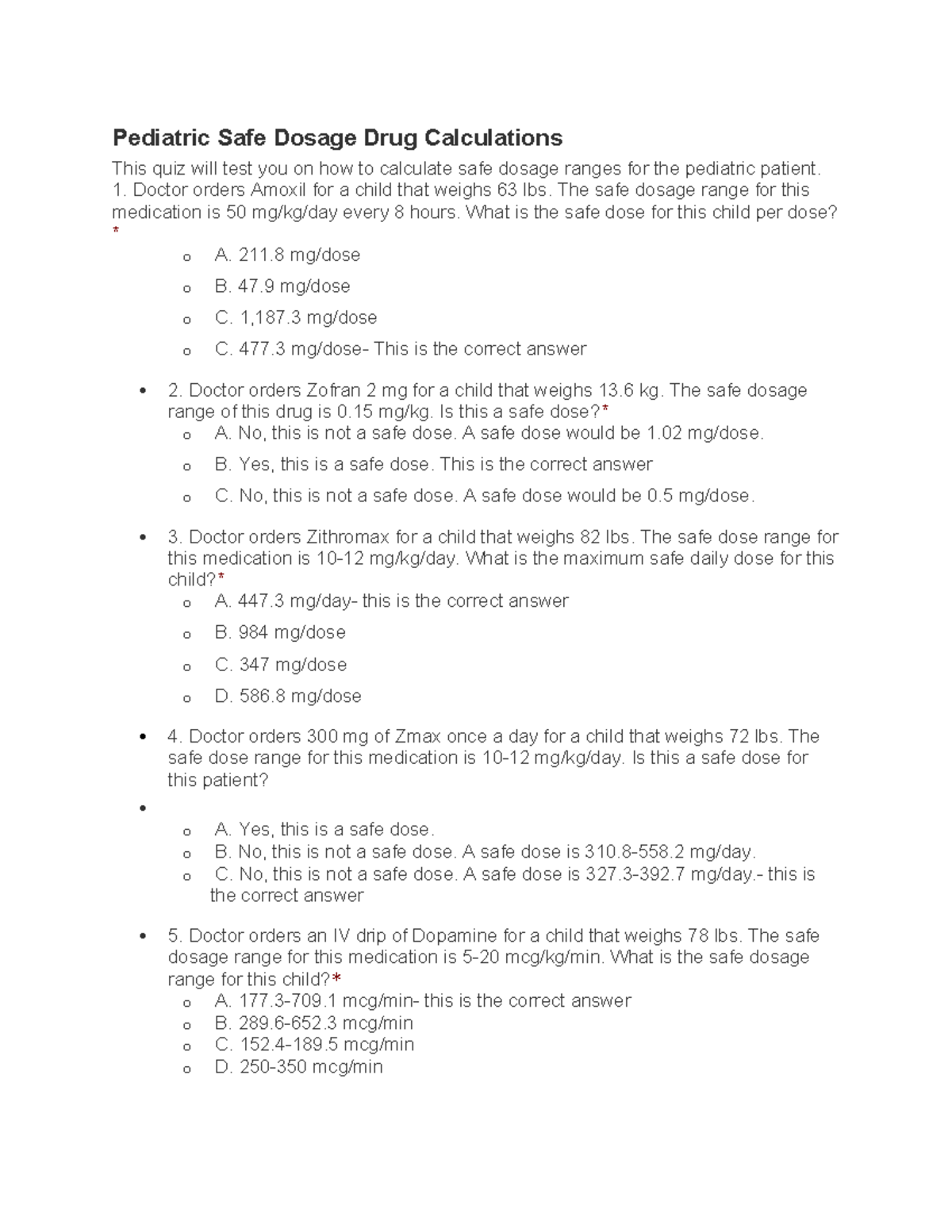 Quiz on Safe Dosage Calculations for Pediatrics - Studocu