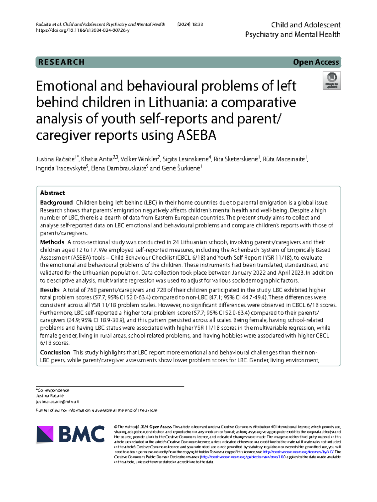 Emotional and Behavioral Issues in Left Behind Children: ASEBA Study ...
