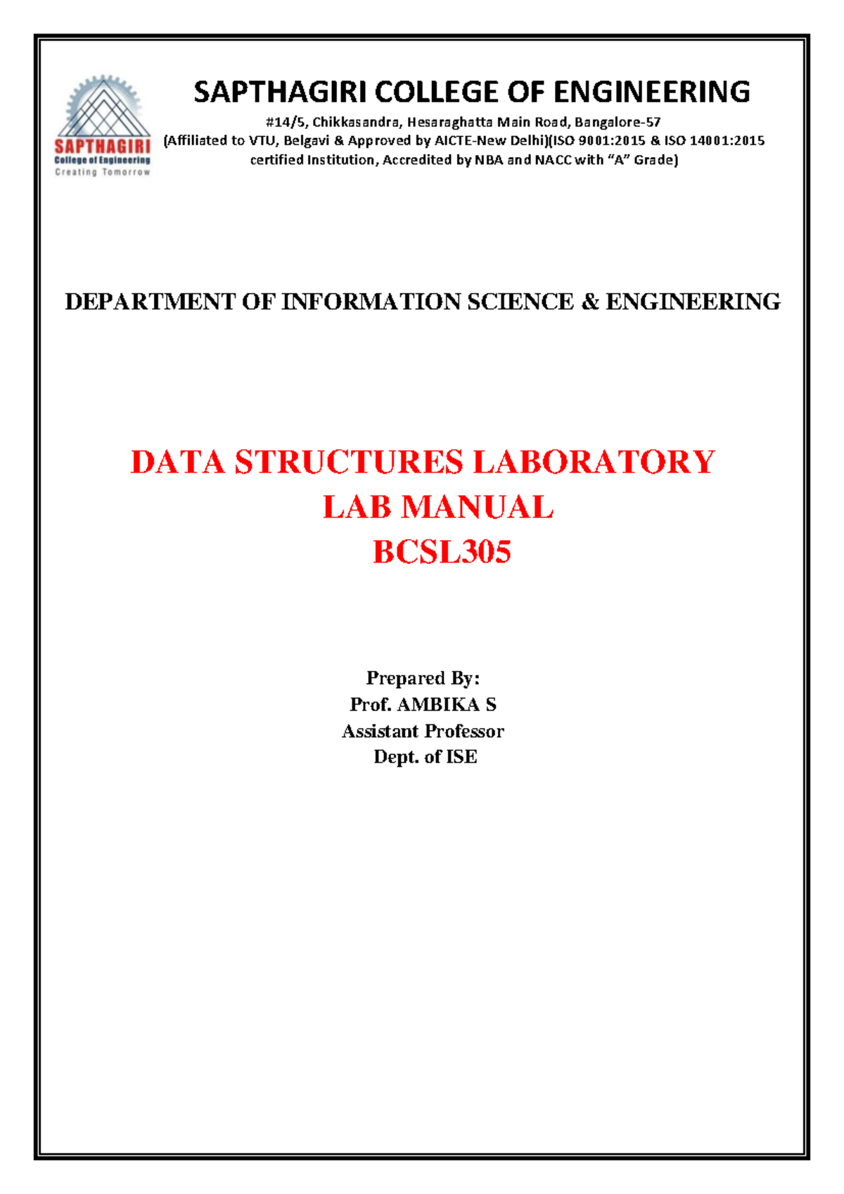 Final Manual for Data Structures Lab - BCSL305 - Studocu