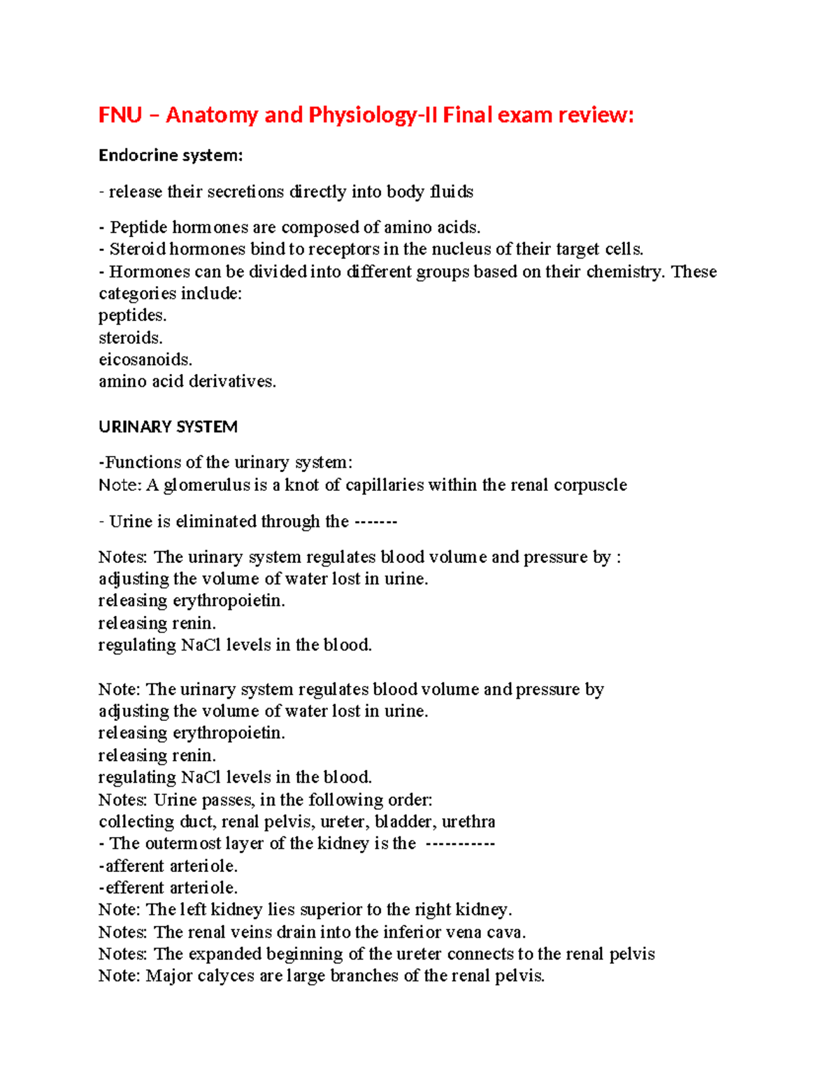 FNU-Anatomy & Physiology II Final Exam Review Notes - Studocu