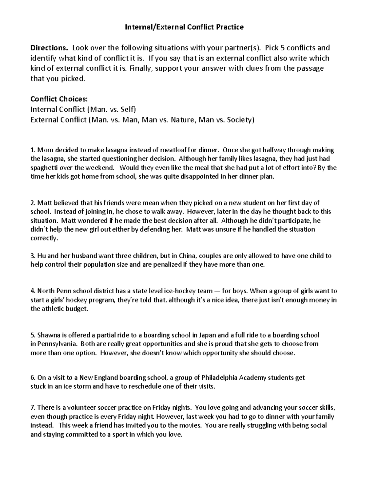 Internal.External conflict practice - Internal/External Conflict ...