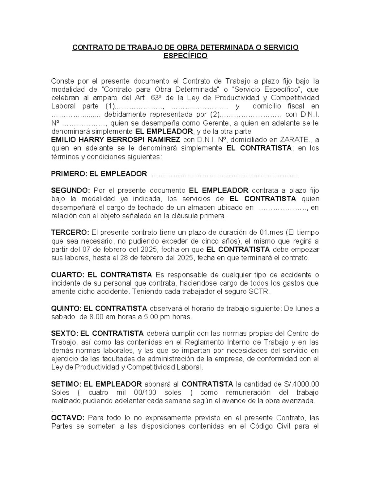 Contrato DE Trabajo DE OBRA Determinada O Servicio Específico - CONTRATO DE TRABAJO DE OBRA ...
