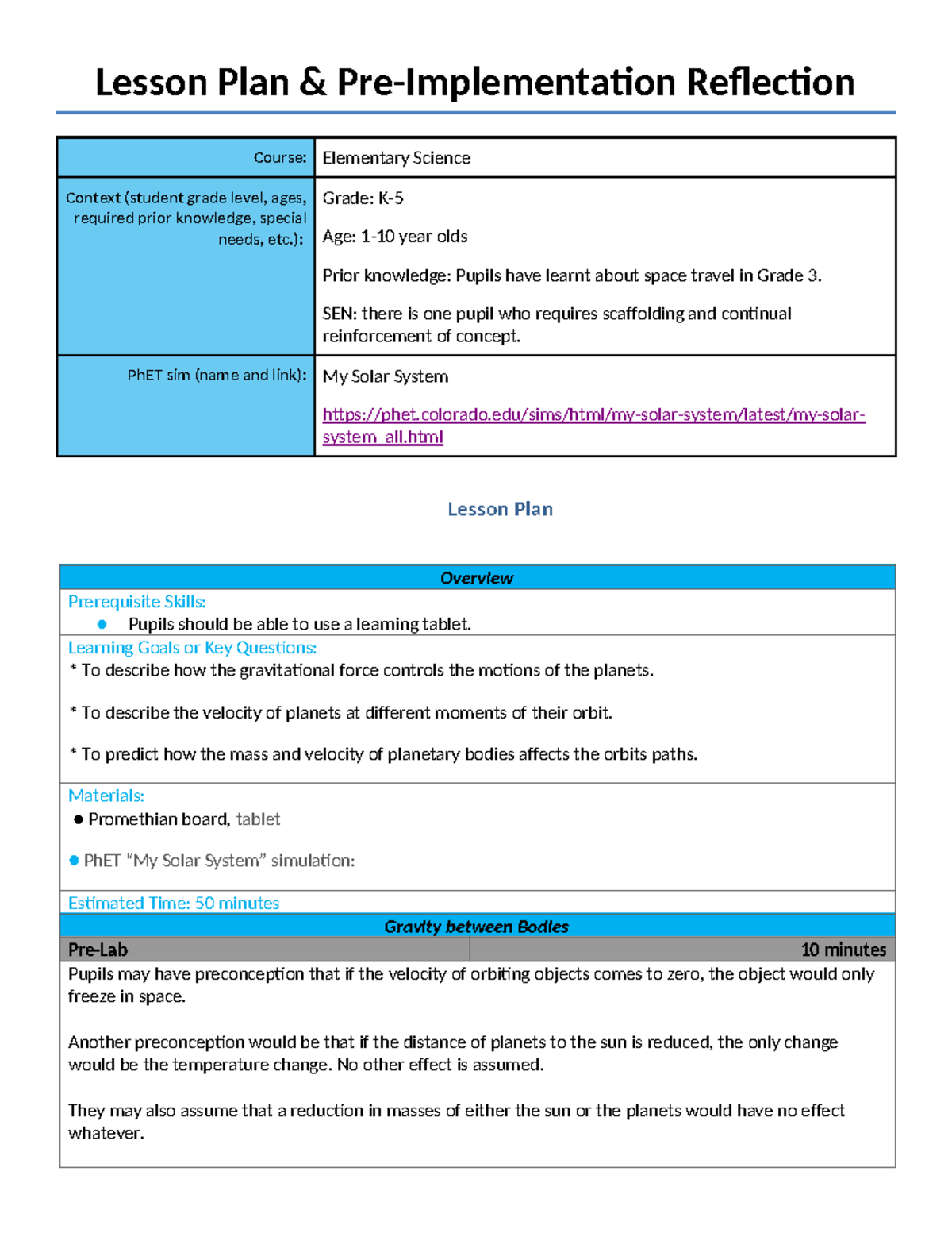 Elementary Science Lesson Plan Reflection: Gravity & Orbits (Grade 5) - Studocu