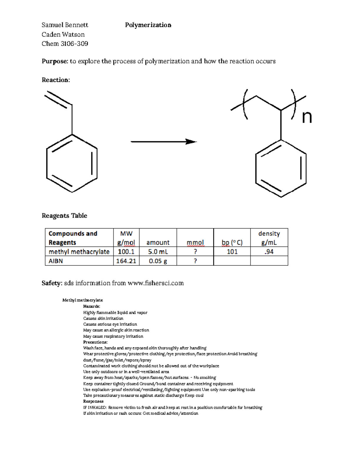 Chem 3106 Experiment 2 - Ex. 2 Lab Report - Samuel Bennett ...