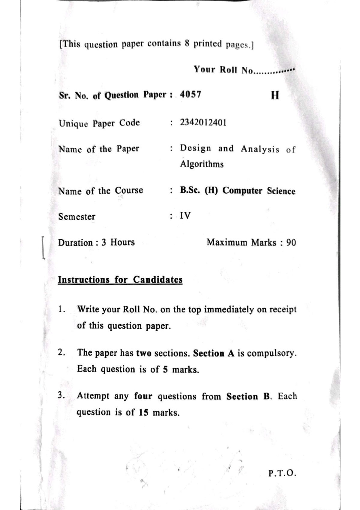 2024 B.Sc. (H) CS IV Sem - Design & Analysis of Algorithms QP - Studocu