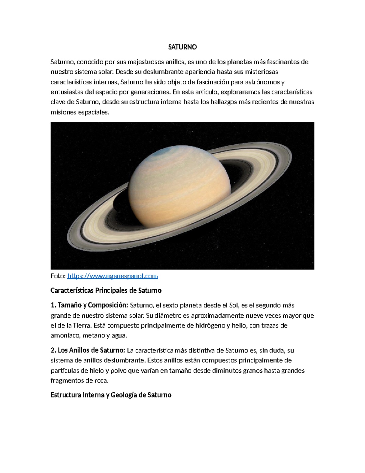 Saturno: Características y Exploración del Planeta Gigante - Studocu