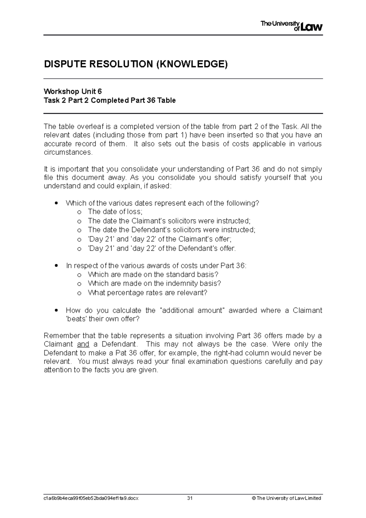 Workshop 6 Task 2 Handout - DISPUTE RESOLUTION (KNOWLEDGE) Workshop Unit 6 Task 2 Part 2 ...