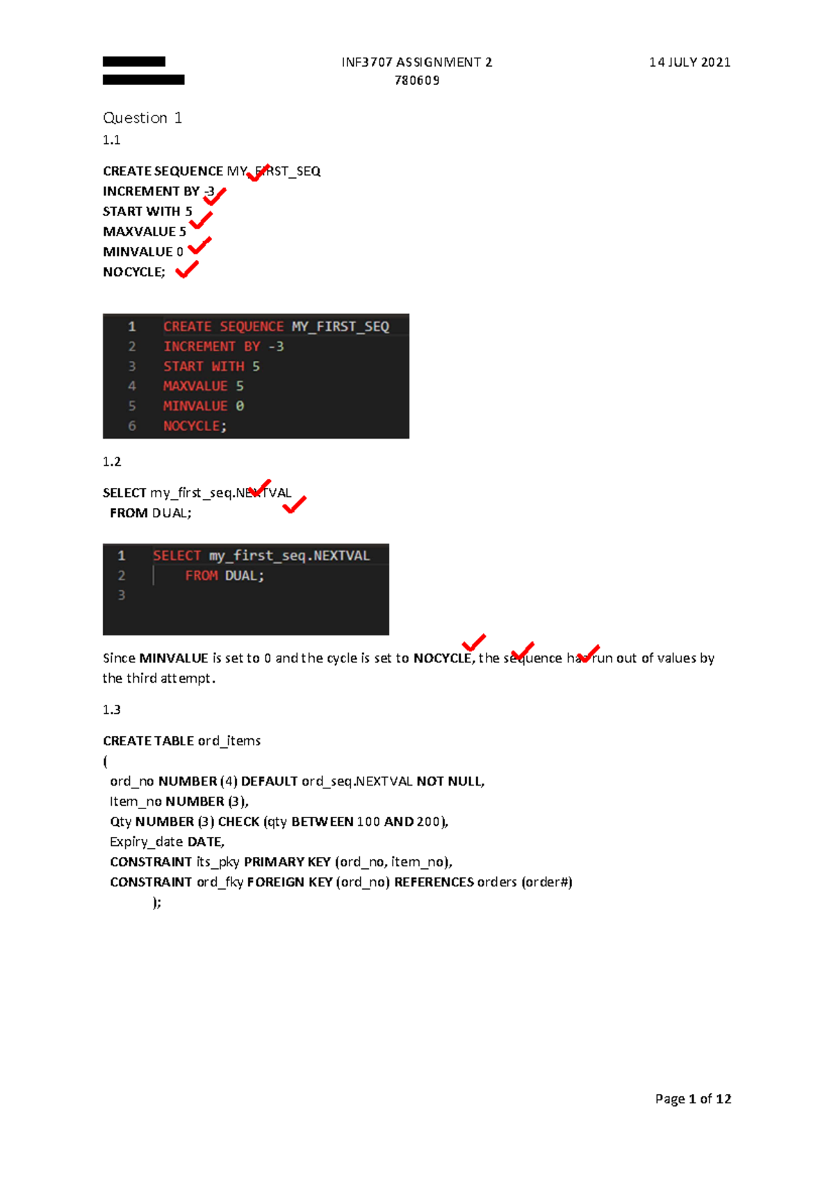 INF3707 2021 S2 Assignment 2 (Marked): Database Queries & Sequences ...