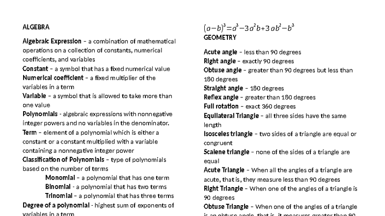 Scimath - Quizbee Reviewer: Algebra & Geometry Concepts - Studocu