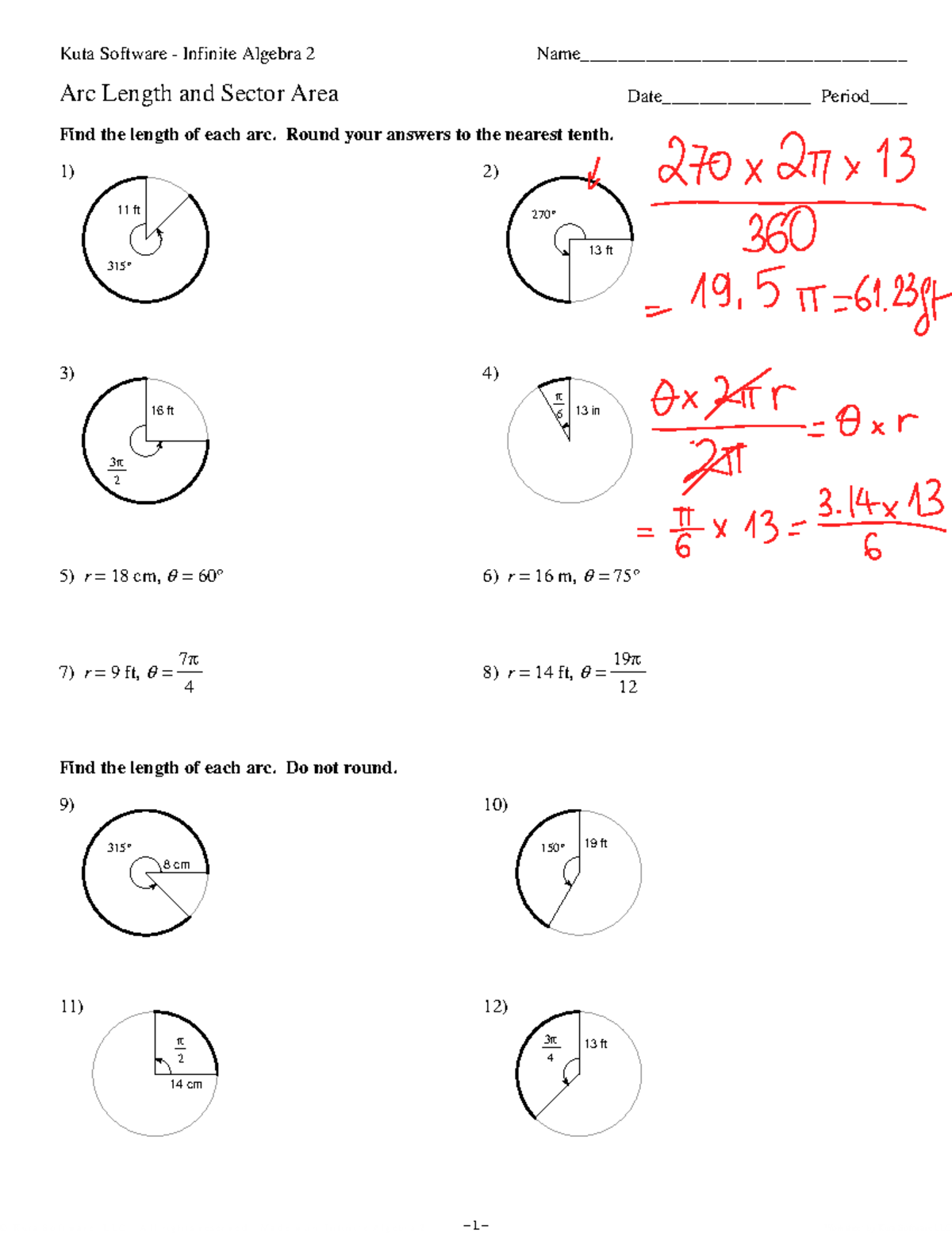 Kuta Software Infinite Algebra 2: Arc Length & Sector Area Worksheet ...