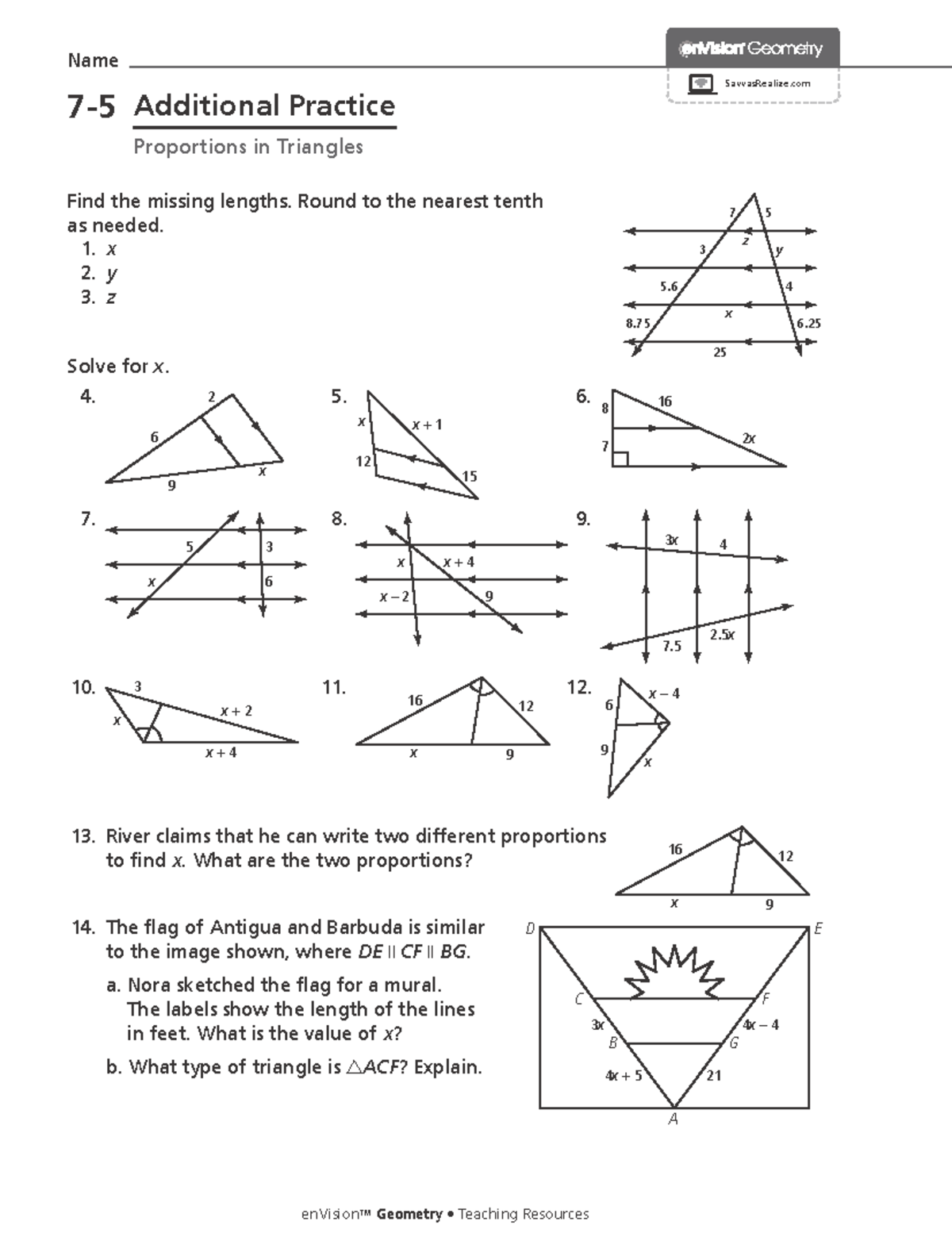 7-5 Additional Practice: Proportions in Triangles Worksheet - Studocu