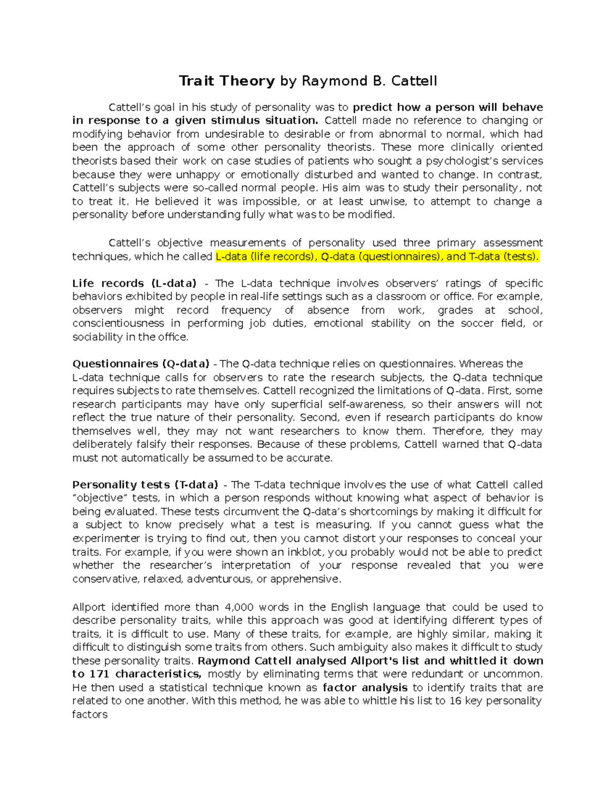 Trait Theory: An Insight into Cattell's Personality Framework - Studocu