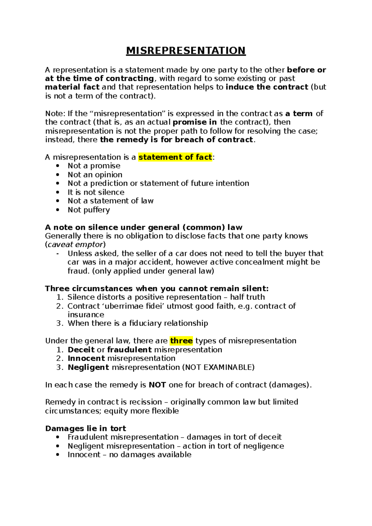 MISREPRESENTATION SUMMARY: Key Concepts & Case Analysis - Studocu