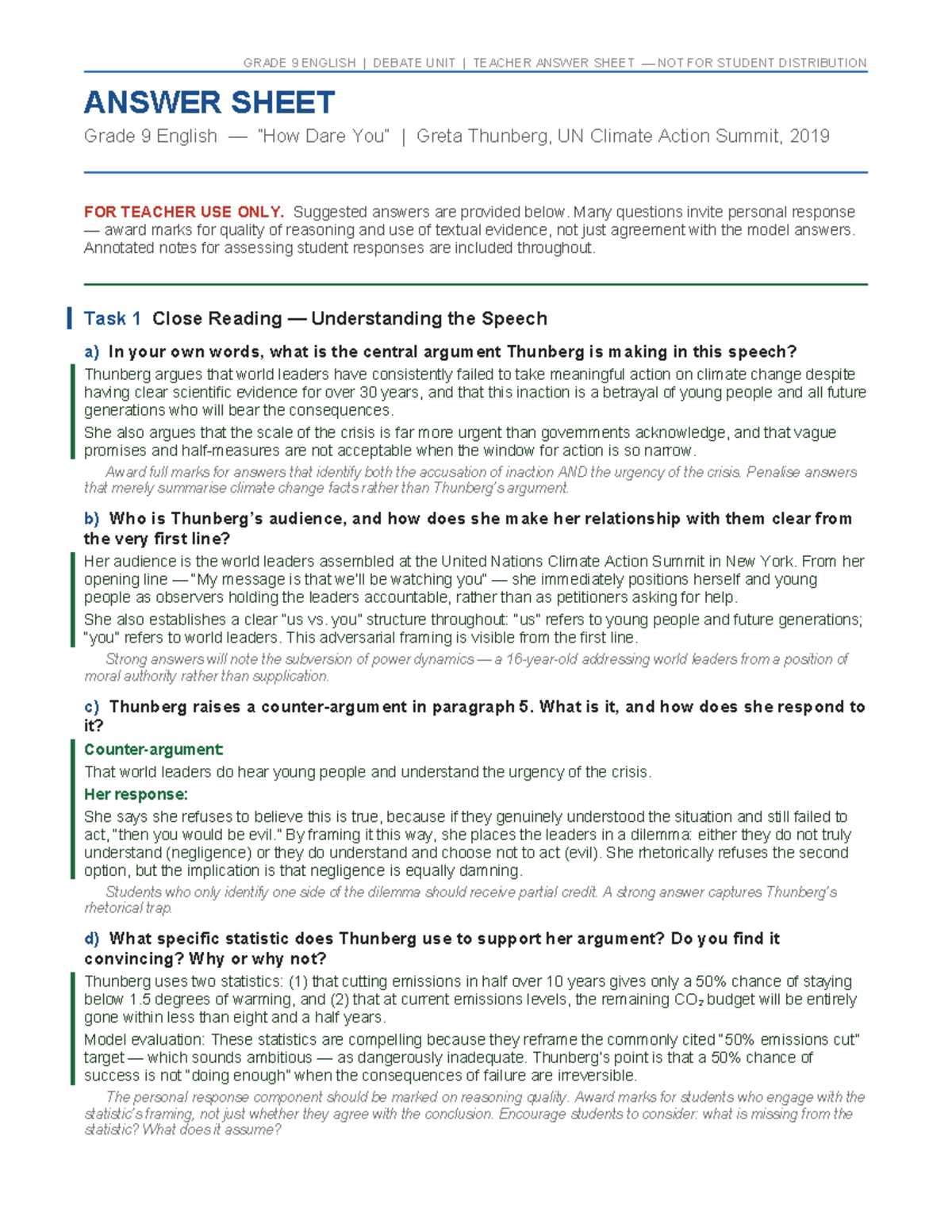 GRADE 9 ENGLISH DEBATE UNIT TEACHER ANSWER SHEET: THUNBERG'S SPEECH ...