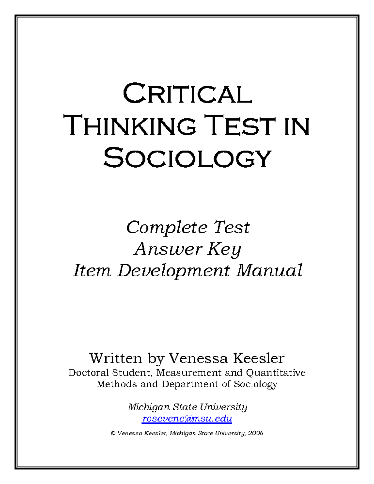 Critical Thinking Test in Sociology - Answer Key and Manual - Studocu